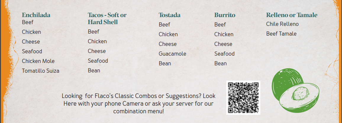 Dinner (Cena de Flaco) Menú - Flaco's Mexican Restaurant- Specialties ...